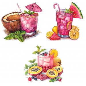 11 Tropical Cocktail Clipart Watercolor Summer Cocktail Fruity Pink ...