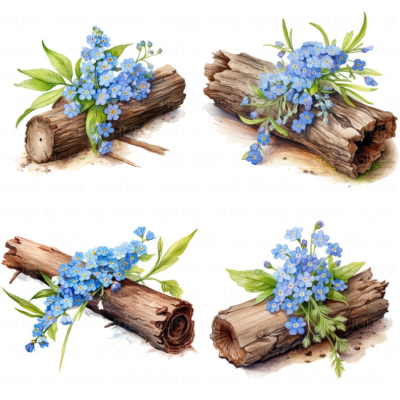 15 Forget Me Not on Log Clipart Bundle Watercolor Forget Me Not ...