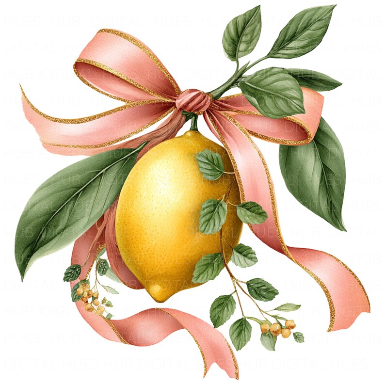 12 Summer Lemon Clipart Watercolor Lemon Ribbon Bow Citrus Fruit Yellow ...