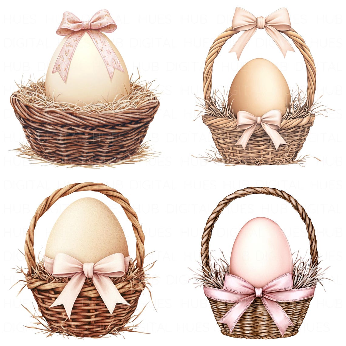18 Simple Easter Egg With Bow Clipart Watercolor Chick Egg Basket ...