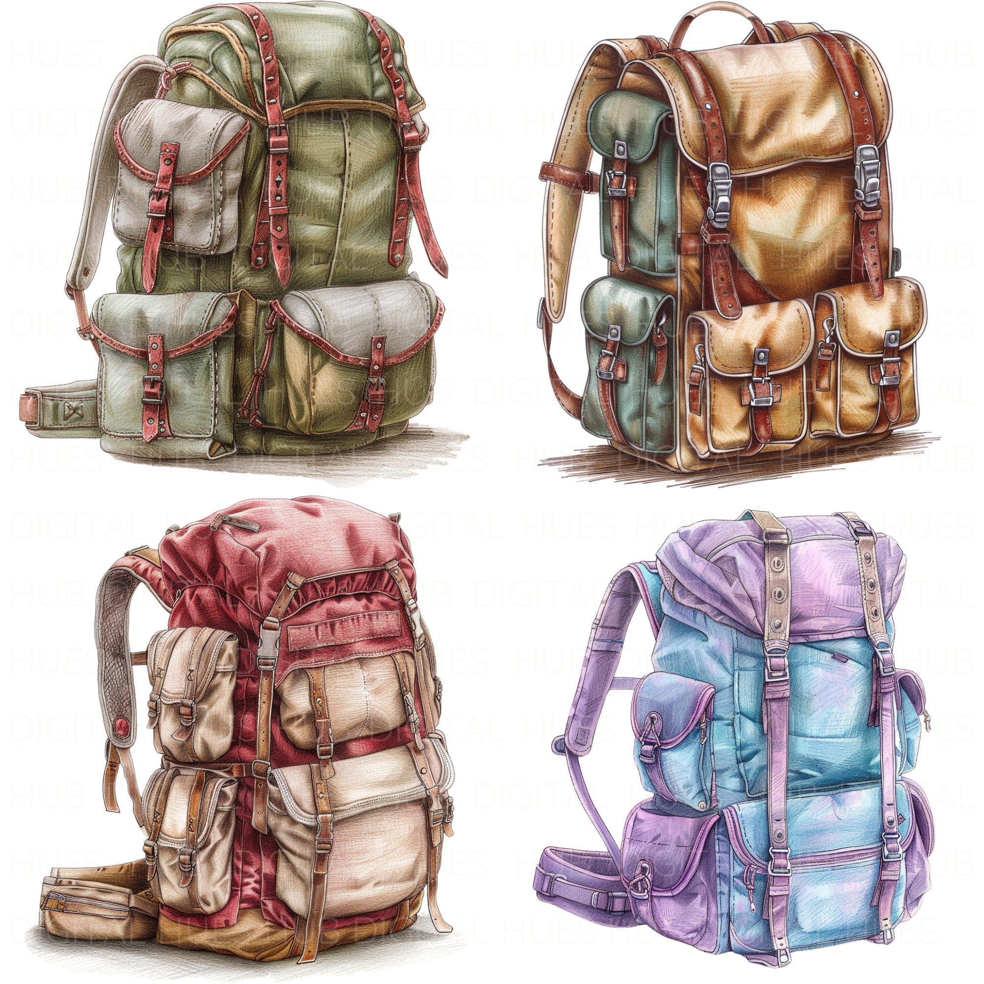 14 Trekking Backpack Set2 Clipart Bundle Watercolor Hiking Backpack ...