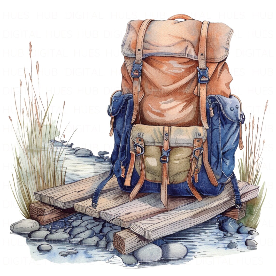 10 Trekking Backpack Clipart Bundle Watercolor Hiking Backpack Sticker ...