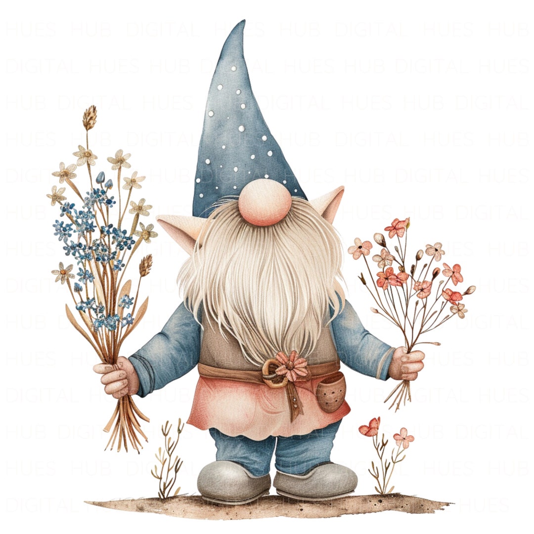 14 Gnome Holding Forget Me Not Flowers Clipart Bundle Watercolor Happy ...