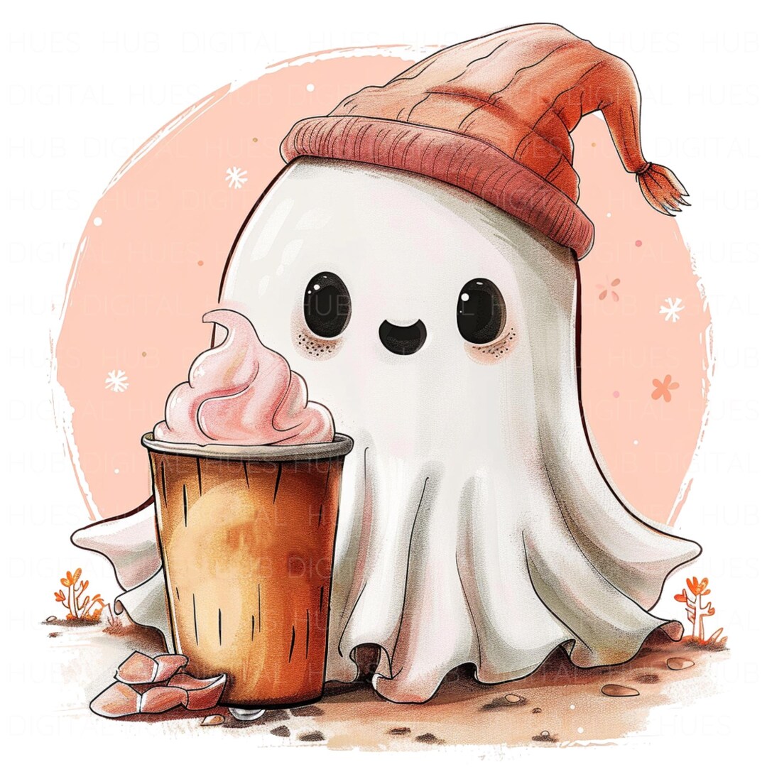 12 Cute Kawaii Ghost Drinking Coffee Clipart Watercolor Ghost Nursery ...