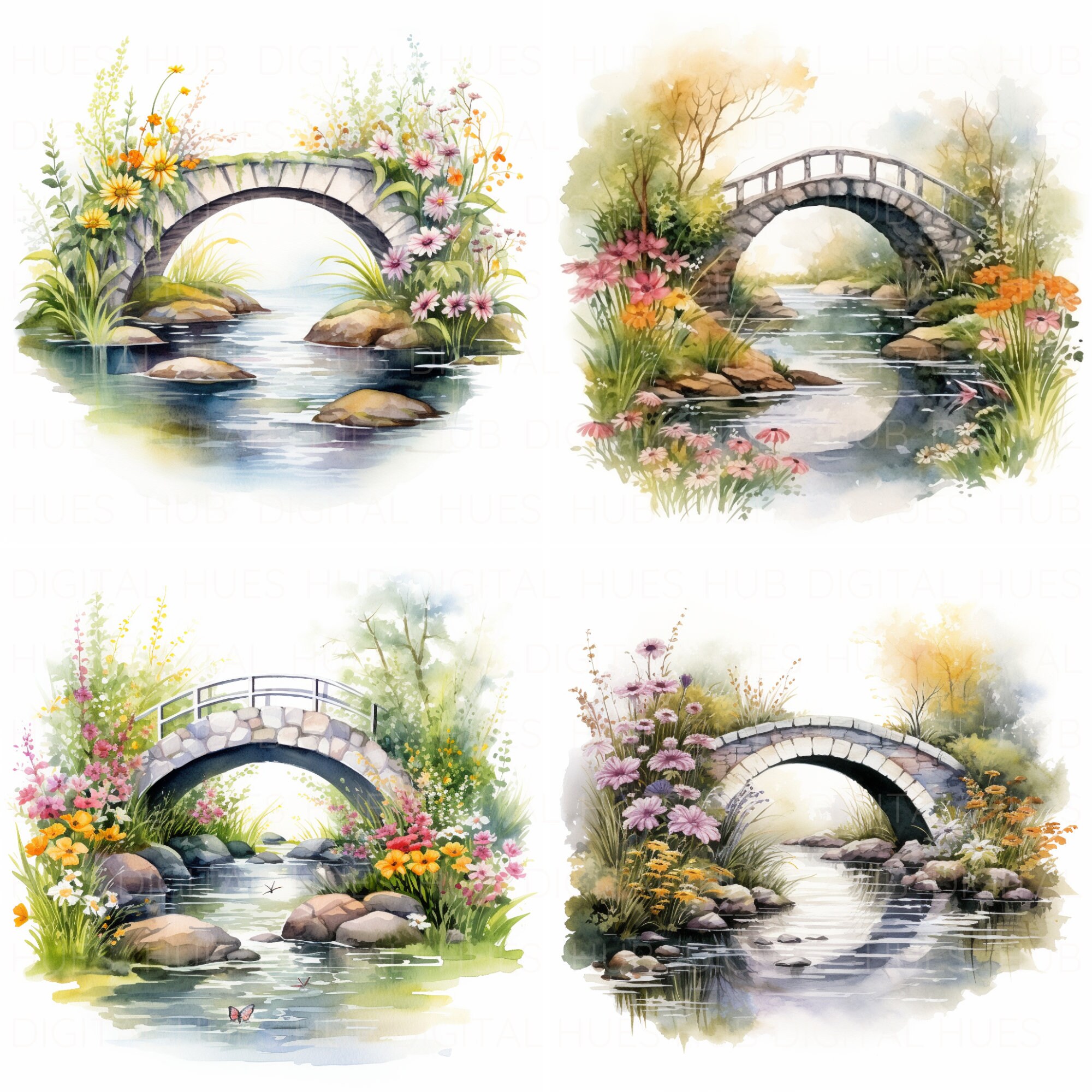 16 Summer Bridge Clipart Bundle Watercolor River Bridge Clipart High ...