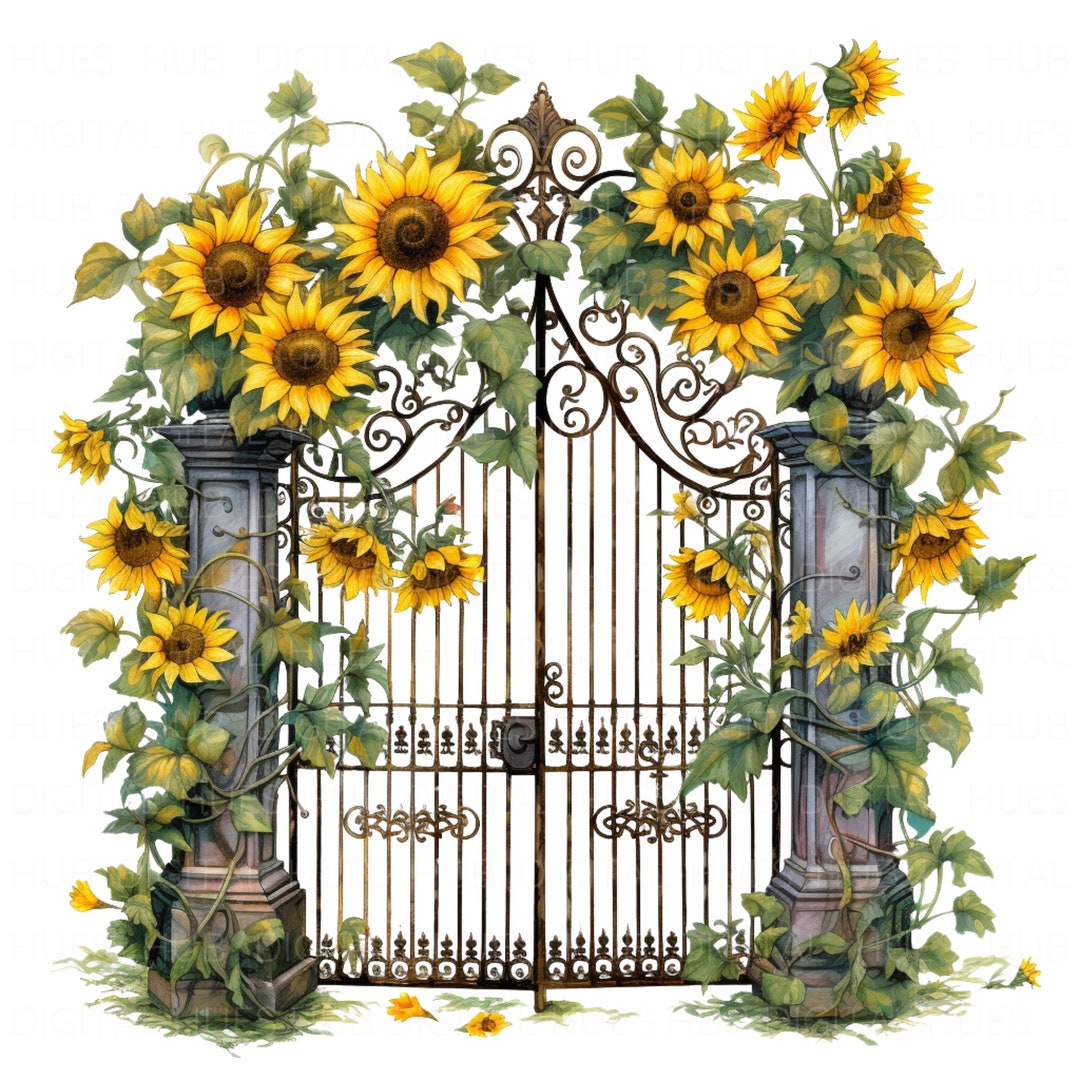 17 Sunflower Iron Gate Clipart Bundle Watercolor Floral Rustic Garden ...