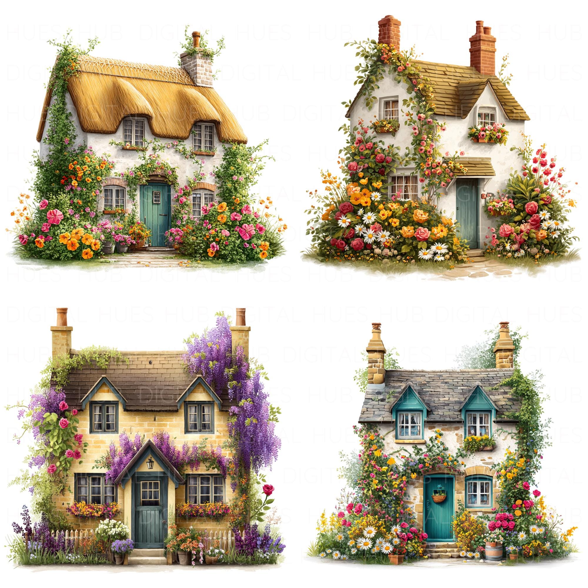 17 Floral Cottage Clipart Watercolor Floral Cottage Garden English ...