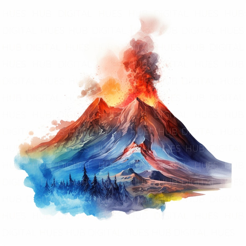 18 Volcano Clipart Bundle Set 1 Watercolor Erupting Volcano Clipart ...