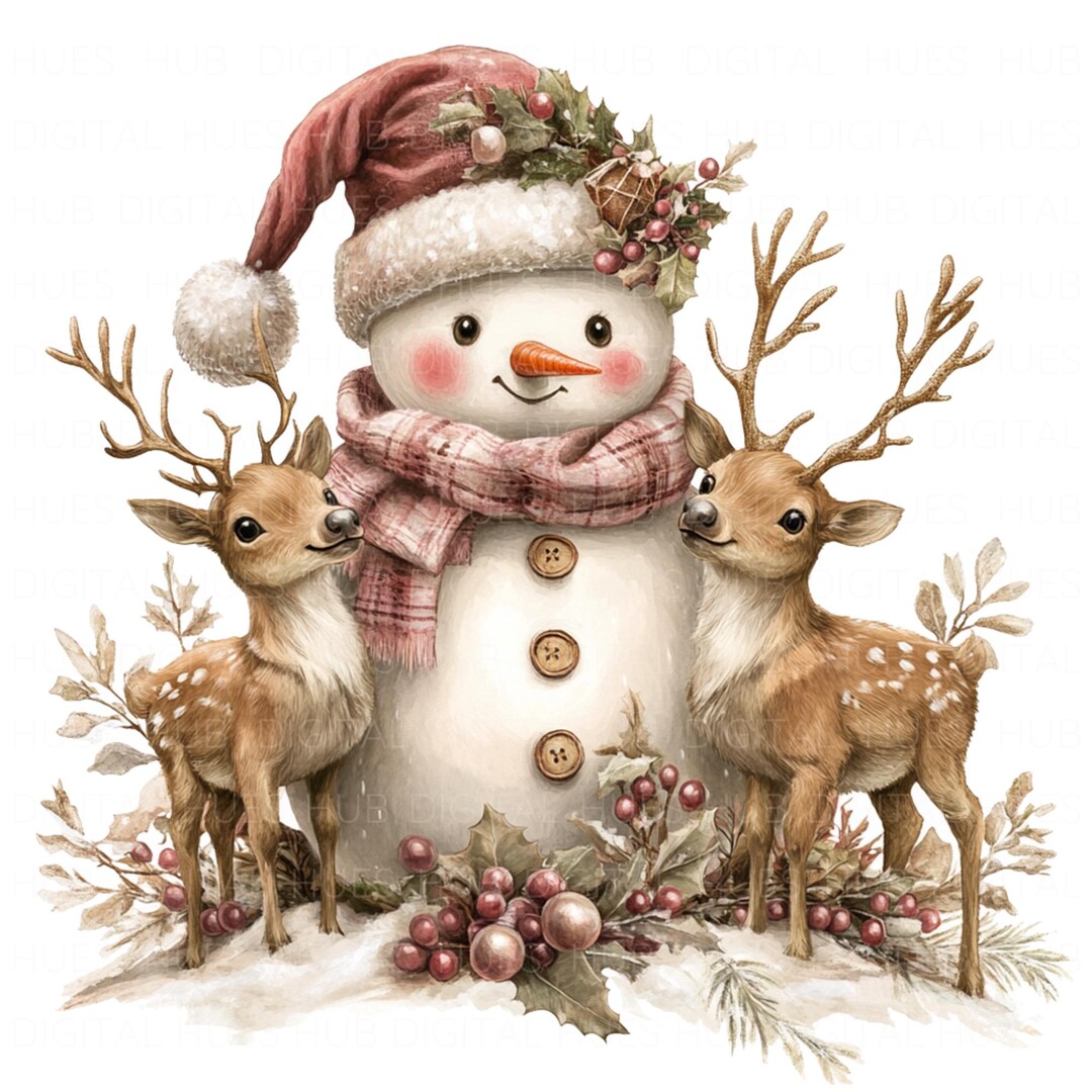 13 Snowman With Reindeer Clipart Watercolor Festive Holiday Graphic ...