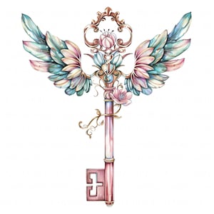 13 Floral Magic Key Clipart Watercolor Fairy Key Fantasy Clipart ...