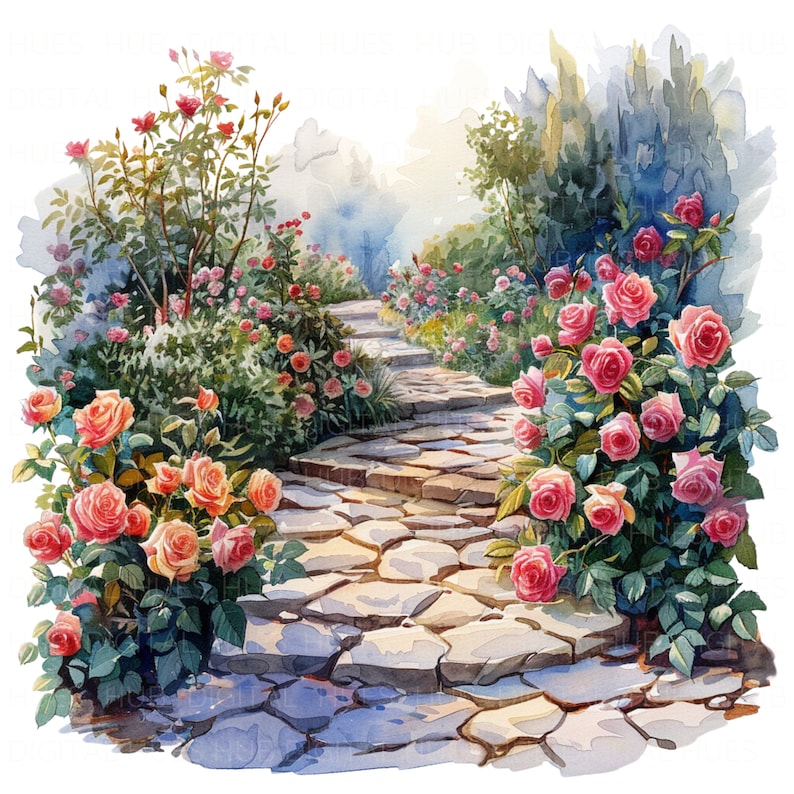 12 Rose Garden Stone Path Clipart Bundle Watercolor Stone Stairs ...