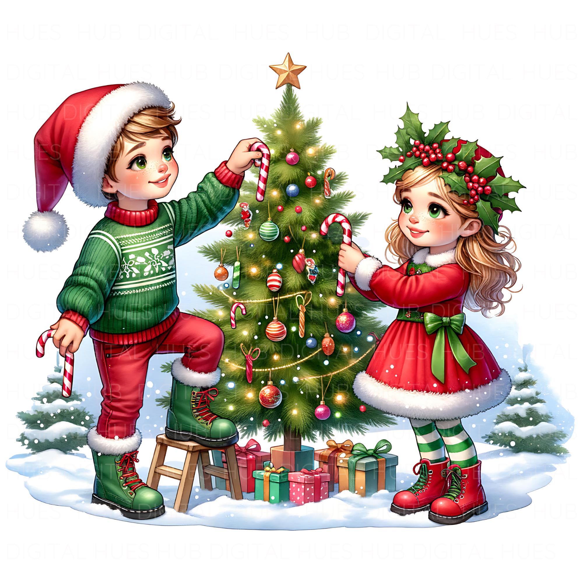 10 Christmas Kids Clipart: Watercolor Cute Children Decorating ...