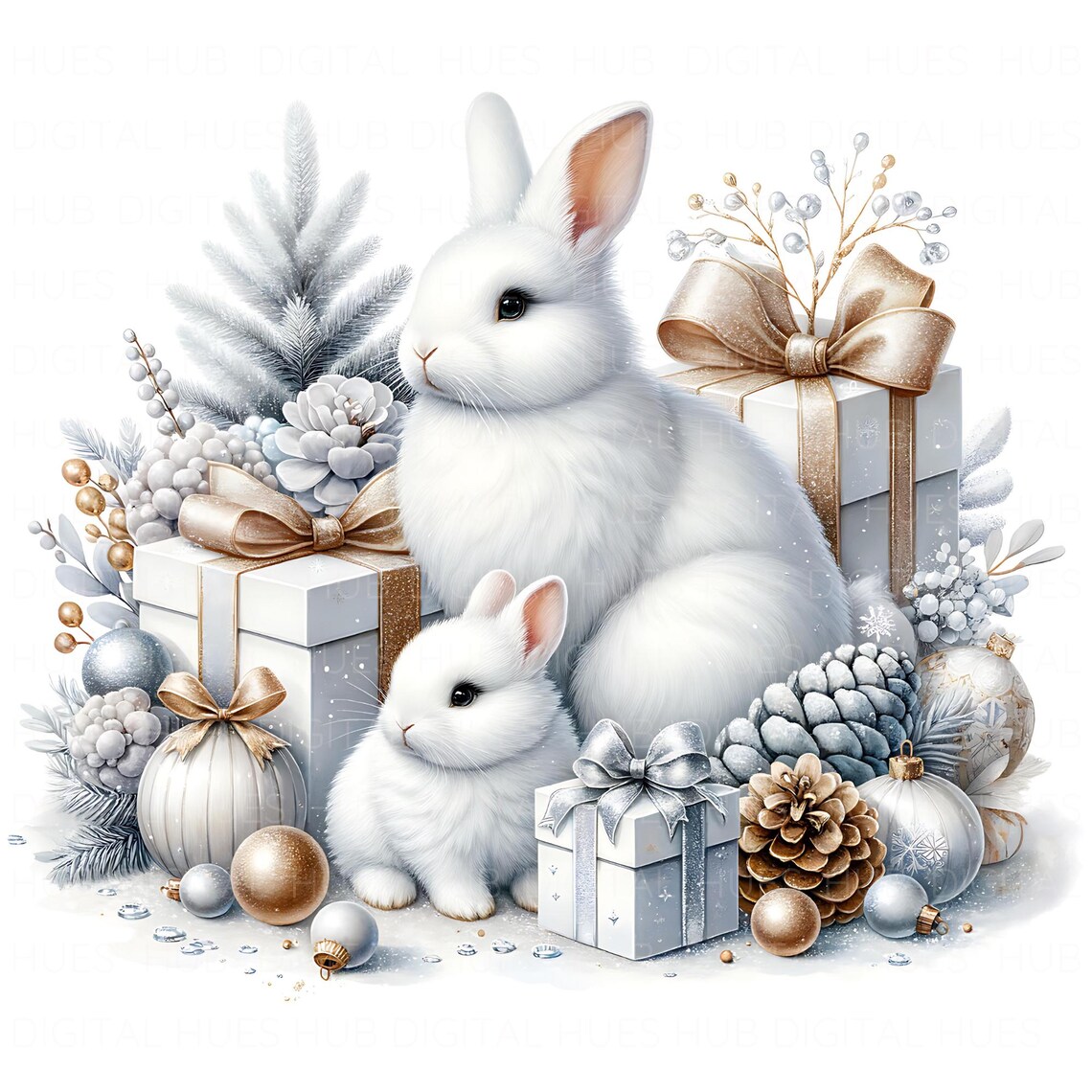 11 White Christmas Bunny Clipart: Watercolor Winter Rabbit JPG, Cute ...