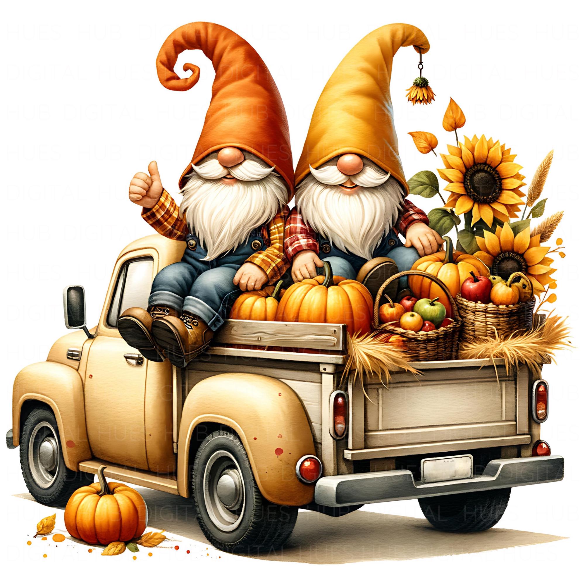 12 Fall Gnome Truck Clipart: Watercolor Autumn Harvest Pumpkins ...