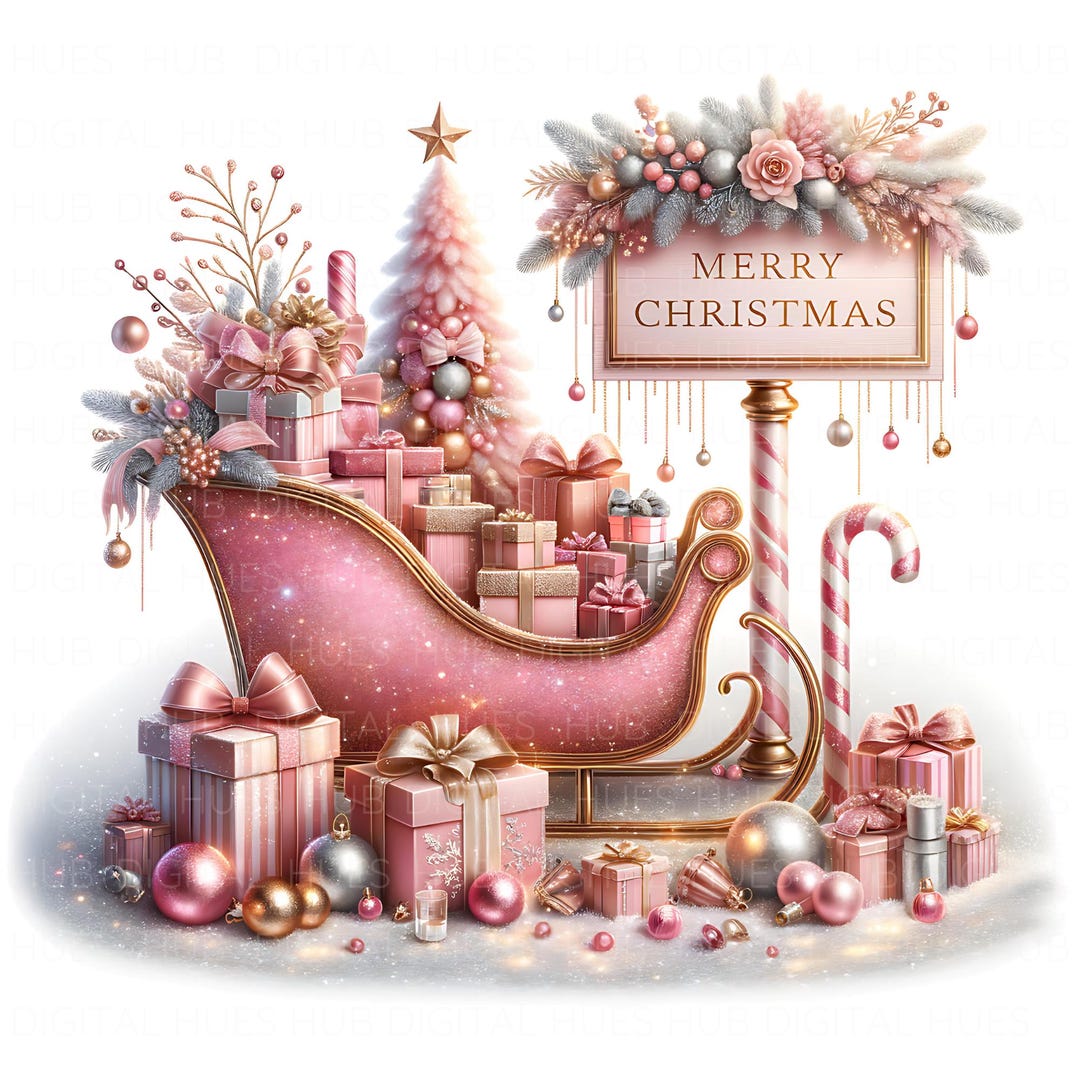 11 Pink Christmas Sleigh Clipart: Watercolor Festive Holiday Graphics ...