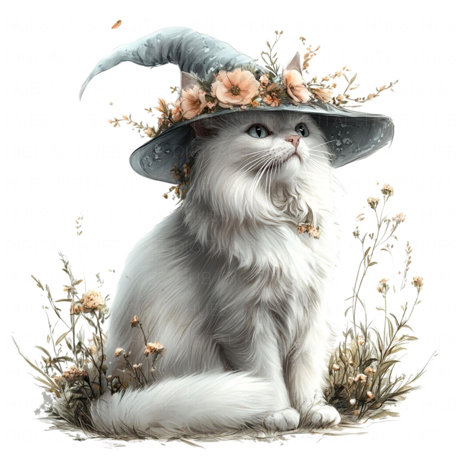 15 Halloween Cat Clipart Watercolor White Cat With Witch Hat Clipart ...