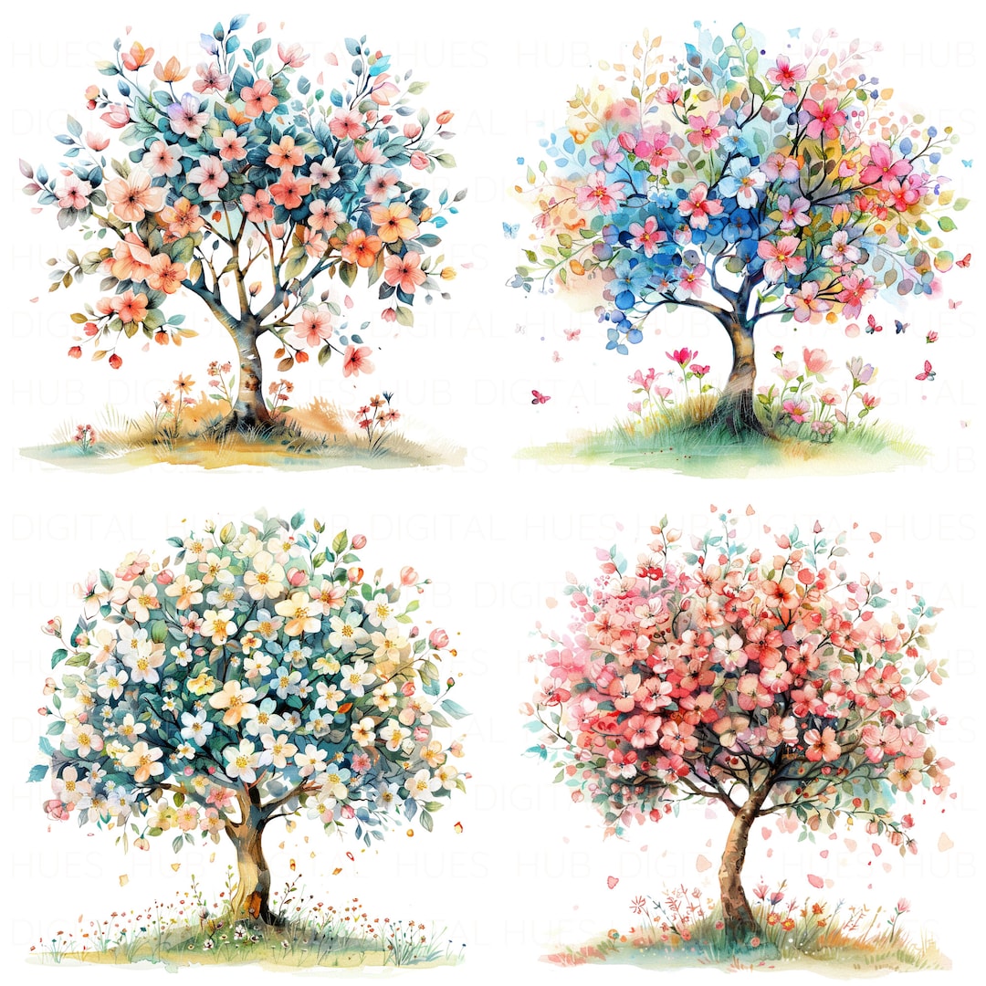 12 Colorful Flower Tree Clipart Bundle Watercolor Floral Tree Clipart ...