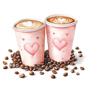 10 Pink Valentine Coffee Cups Clipart Watercolor Coffee Lover Printable ...