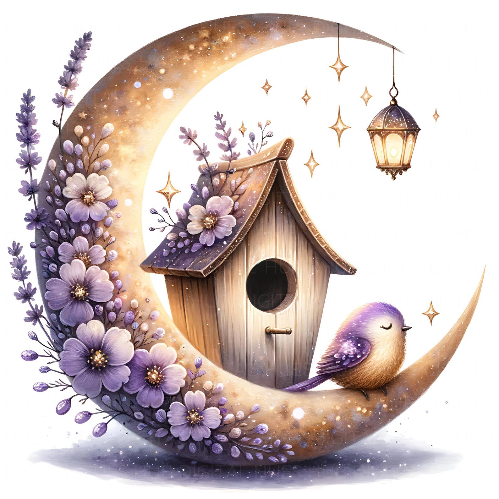 23 Whimsical Bird House Clipart Watercolor Magical Crescent Moon Bird ...