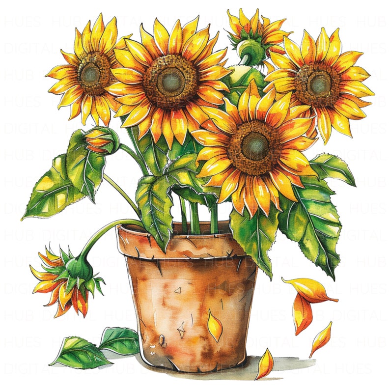 10 Sunflower Pot Clipart Bundle Watercolor Summer Flower Pot Printable ...