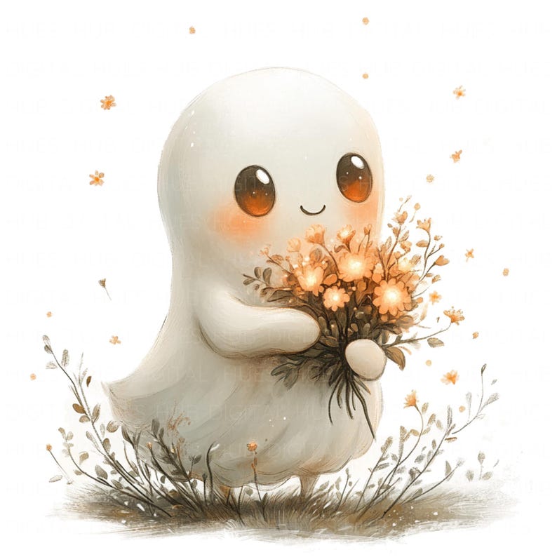 11 Cute Ghost With Flower Bouquet Clipart Watercolor Kawaii Ghost High ...
