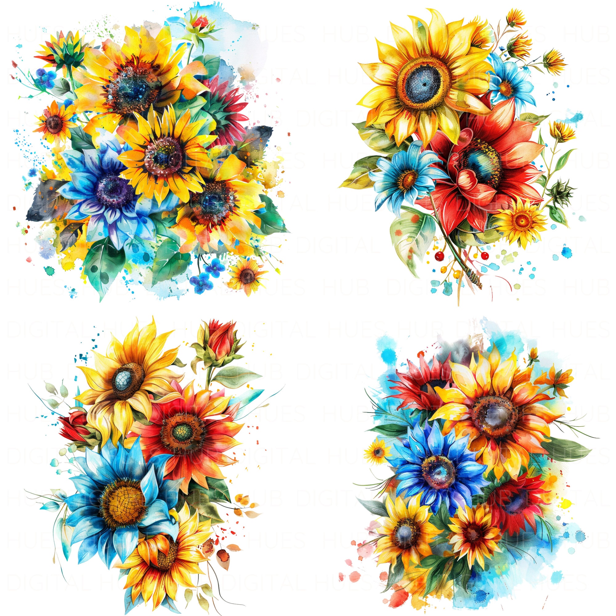 10 Colorful Sunflower Clipart Bundle Watercolor Bright Sunflowers ...
