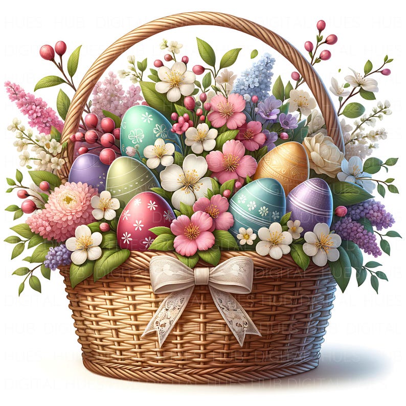 10 Floral Easter Basket Clipart: Watercolor Spring Flowers and Eggs ...