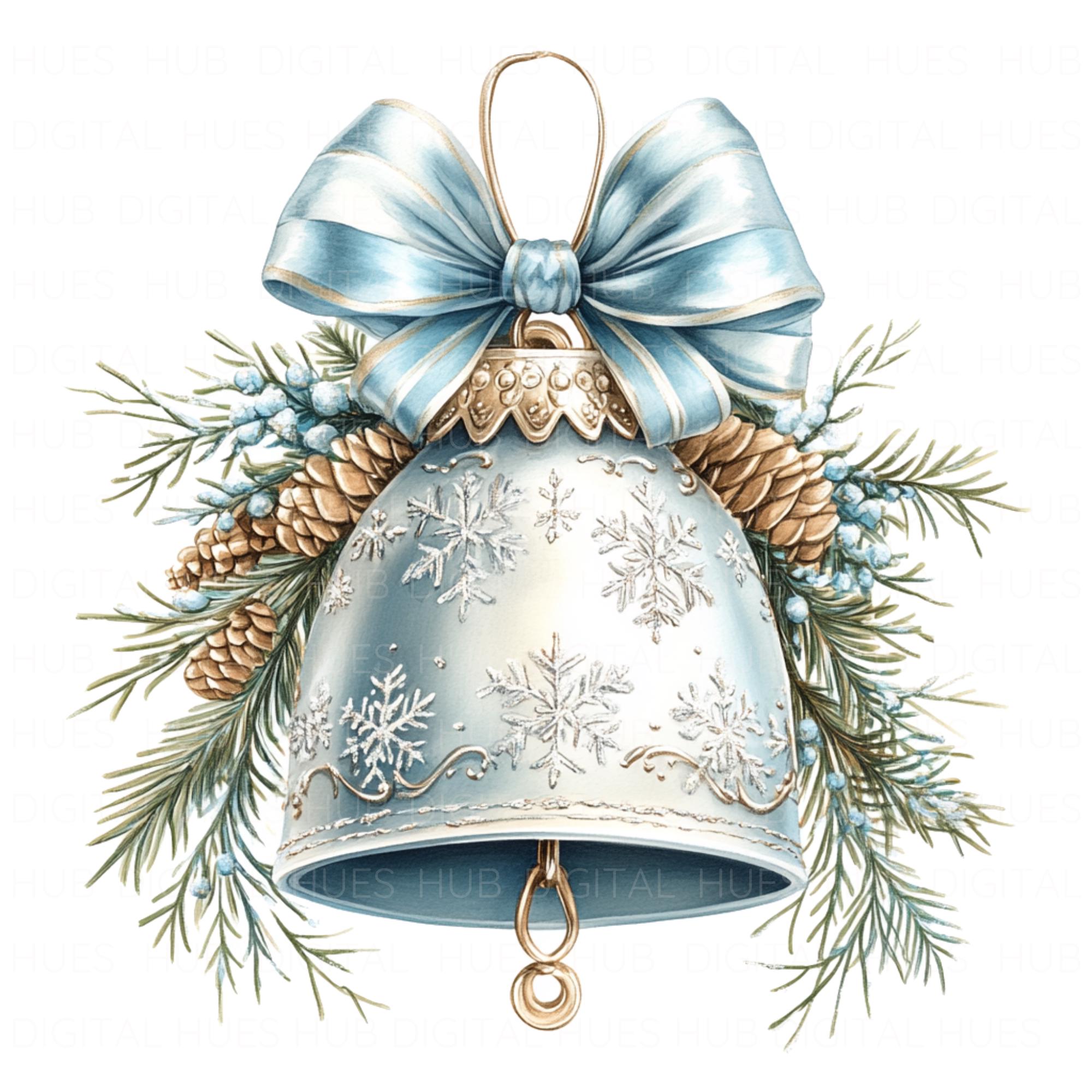 10 Silver Christmas Bell Clipart Watercolor Holiday Graphics Printable ...