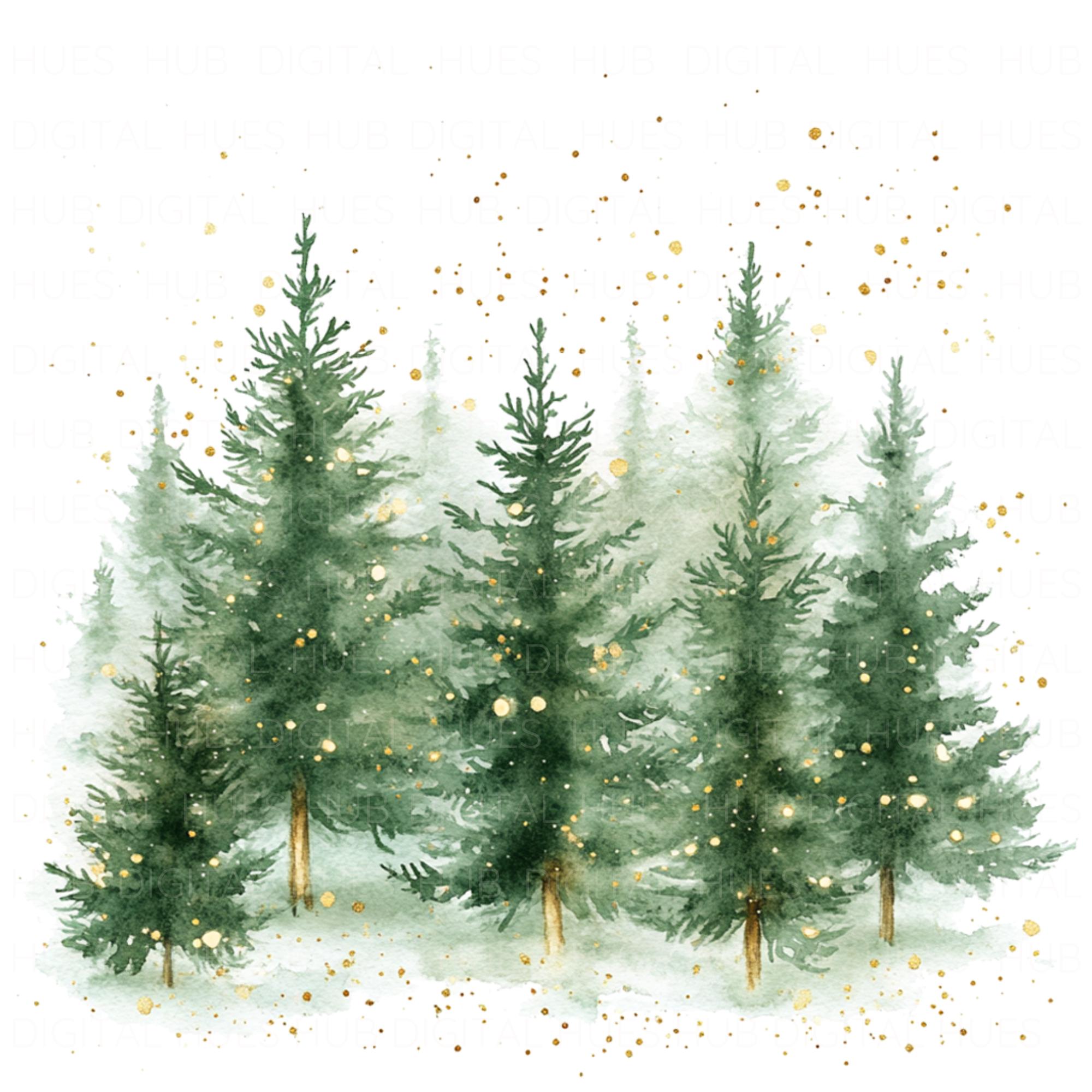 11 Pine Tree Clipart: Watercolor Green & Gold Christmas Tree JPEG ...