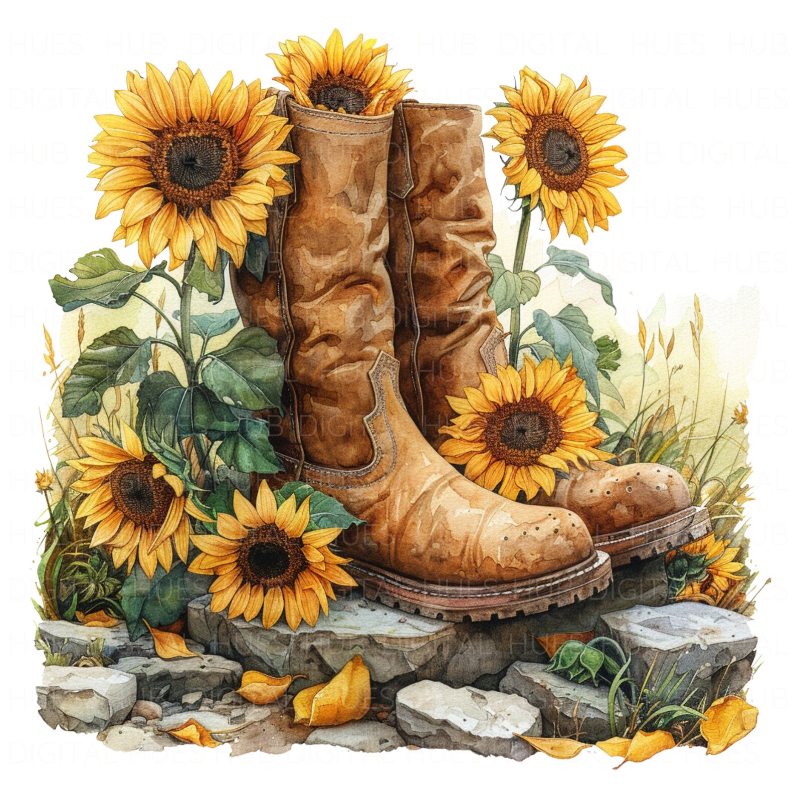 10 Sunflowers in Old Boots Clipart Watercolor Floral Garden Boots ...