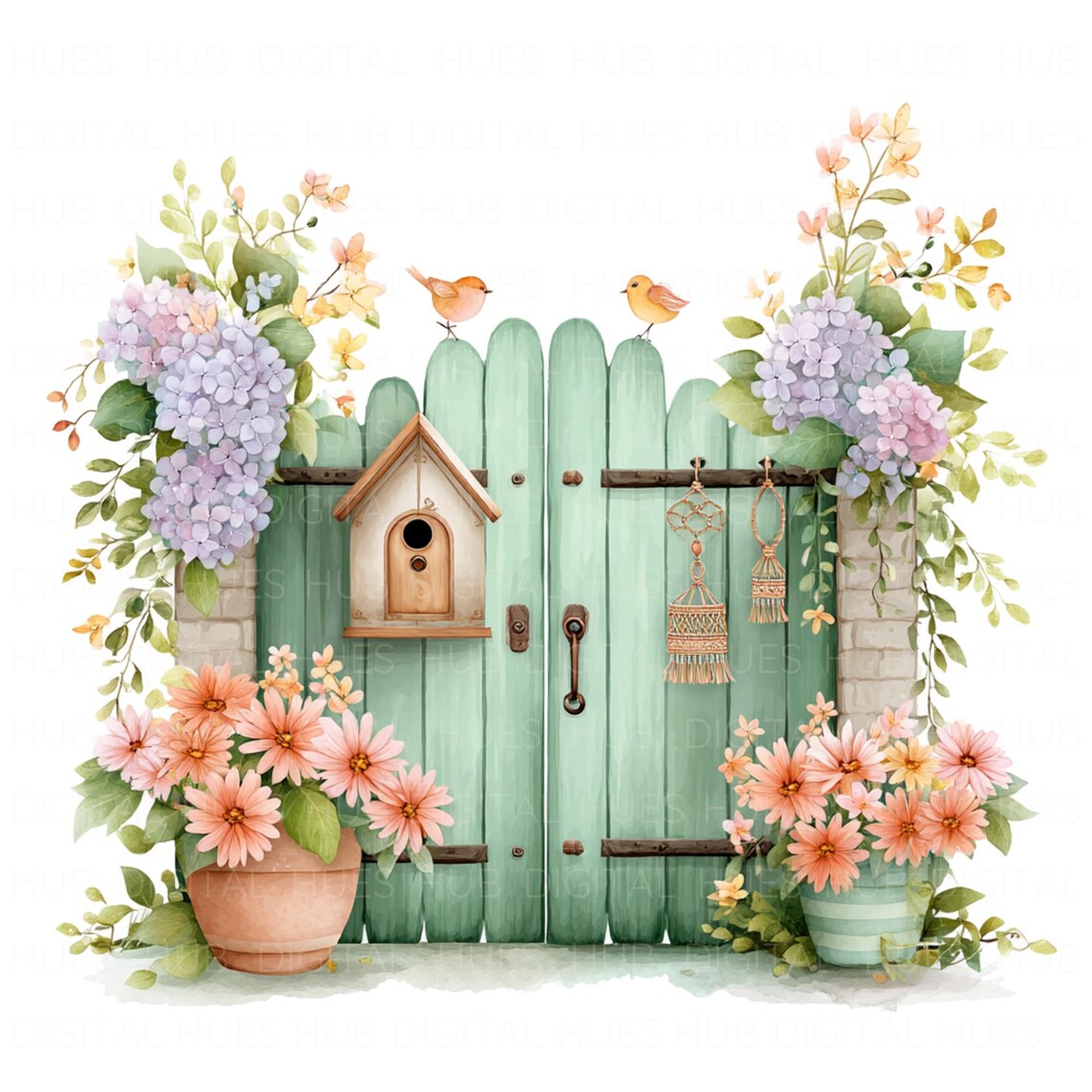 18 Wooden Garden Gate Clipart Watercolor Vintage Flower Gates Spring ...