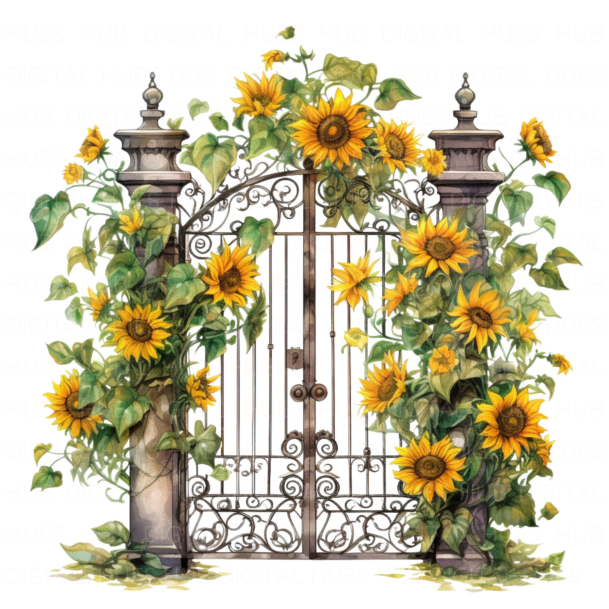 17 Sunflower Iron Gate Clipart Bundle Watercolor Floral Rustic Garden ...