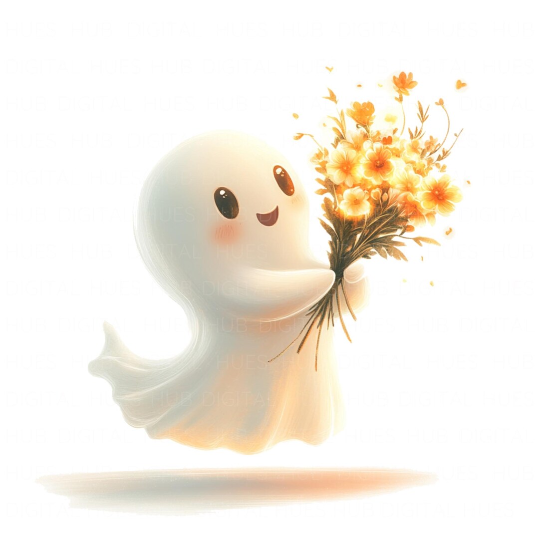 11 Cute Ghost With Flower Bouquet Clipart Watercolor Kawaii Ghost High ...