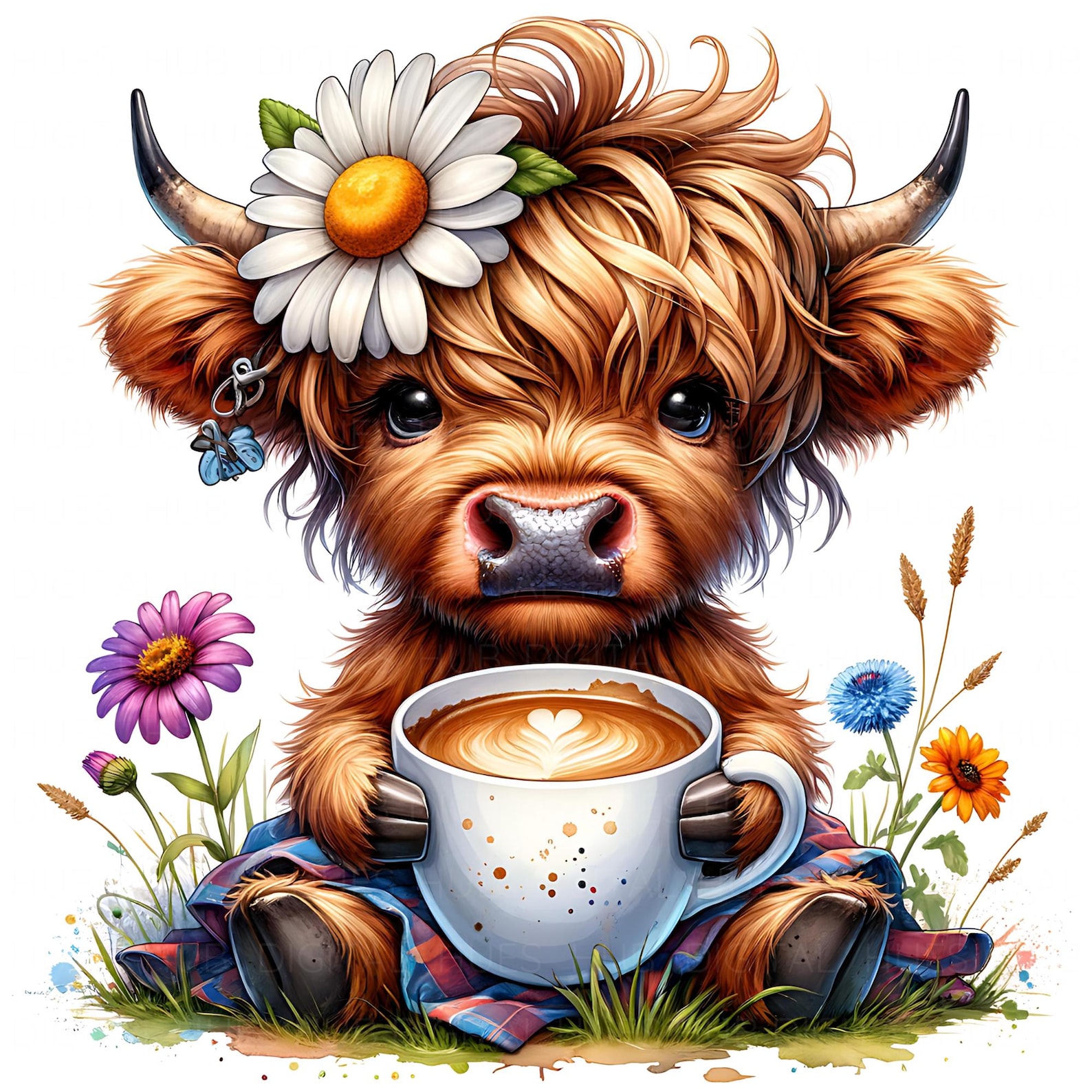 12 Highland Cow Coffee Clipart Watercolor Coffee Addict Moody Highland ...