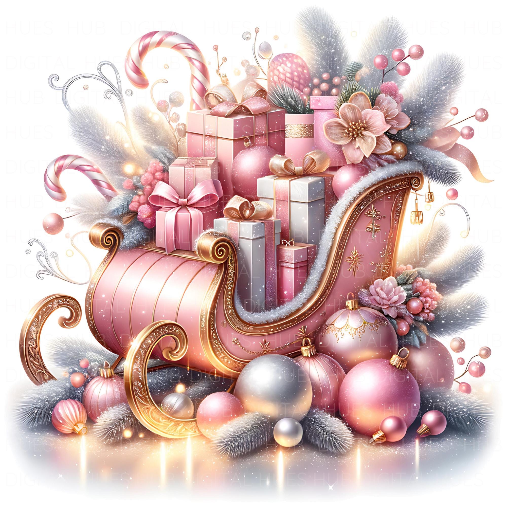 11 Pink Christmas Sleigh Clipart: Watercolor Festive Holiday Graphics ...