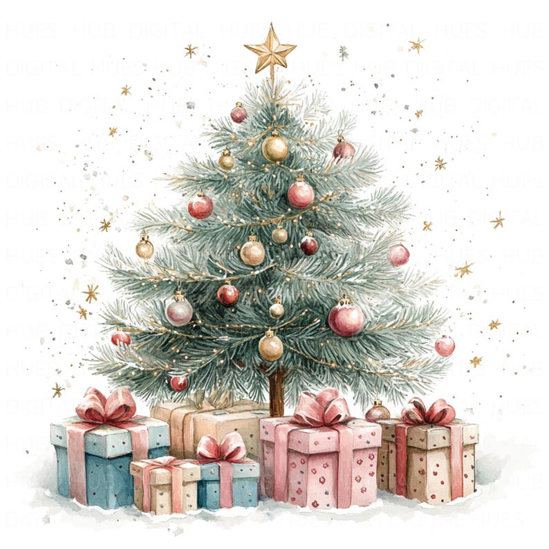 13 Christmas Tree With Gifts Clipart Watercolor Festive Winter Holiday ...
