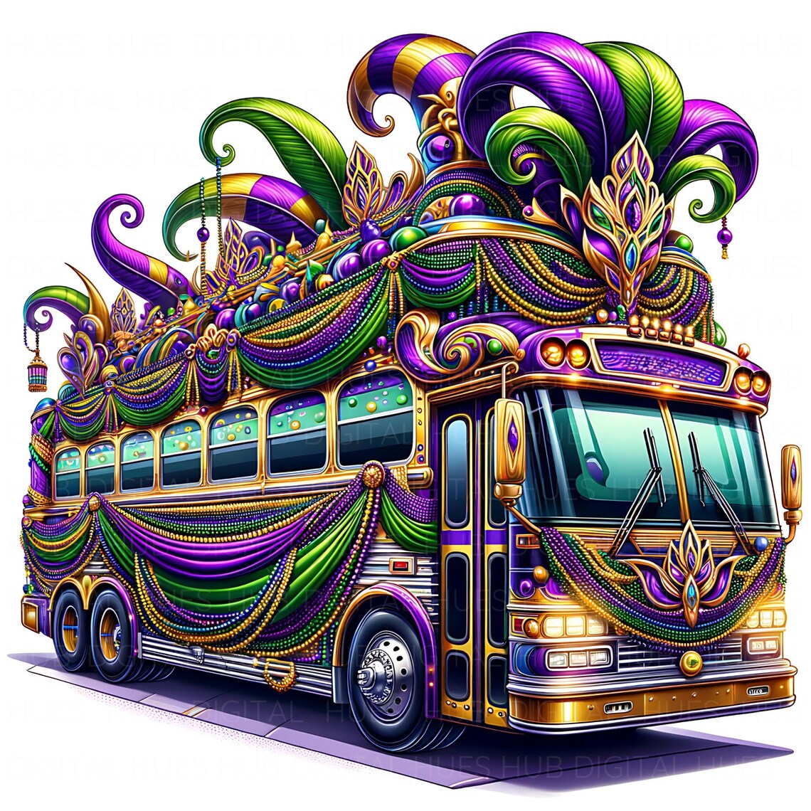 12 Mardi Gras Bus Clipart: Watercolor Purple Green Gold Carnival JPEG ...