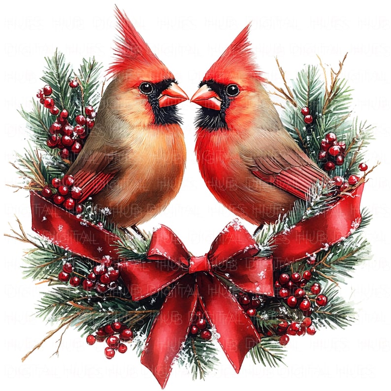 12 Red Cardinal Bird Clipart Watercolor Christmas Wreath Holiday ...