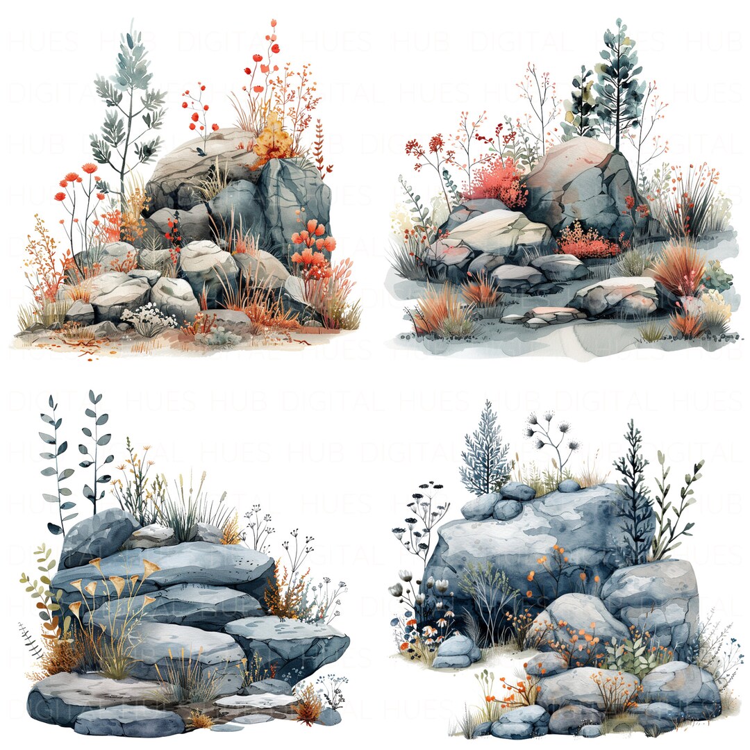 15 Rock Garden Clipart Bundle Watercolor Rock Clipart Printable High ...