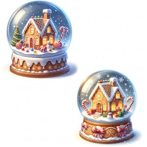 10 Christmas Gingerbread House Snow Globe Clipart: Watercolor Cozy ...
