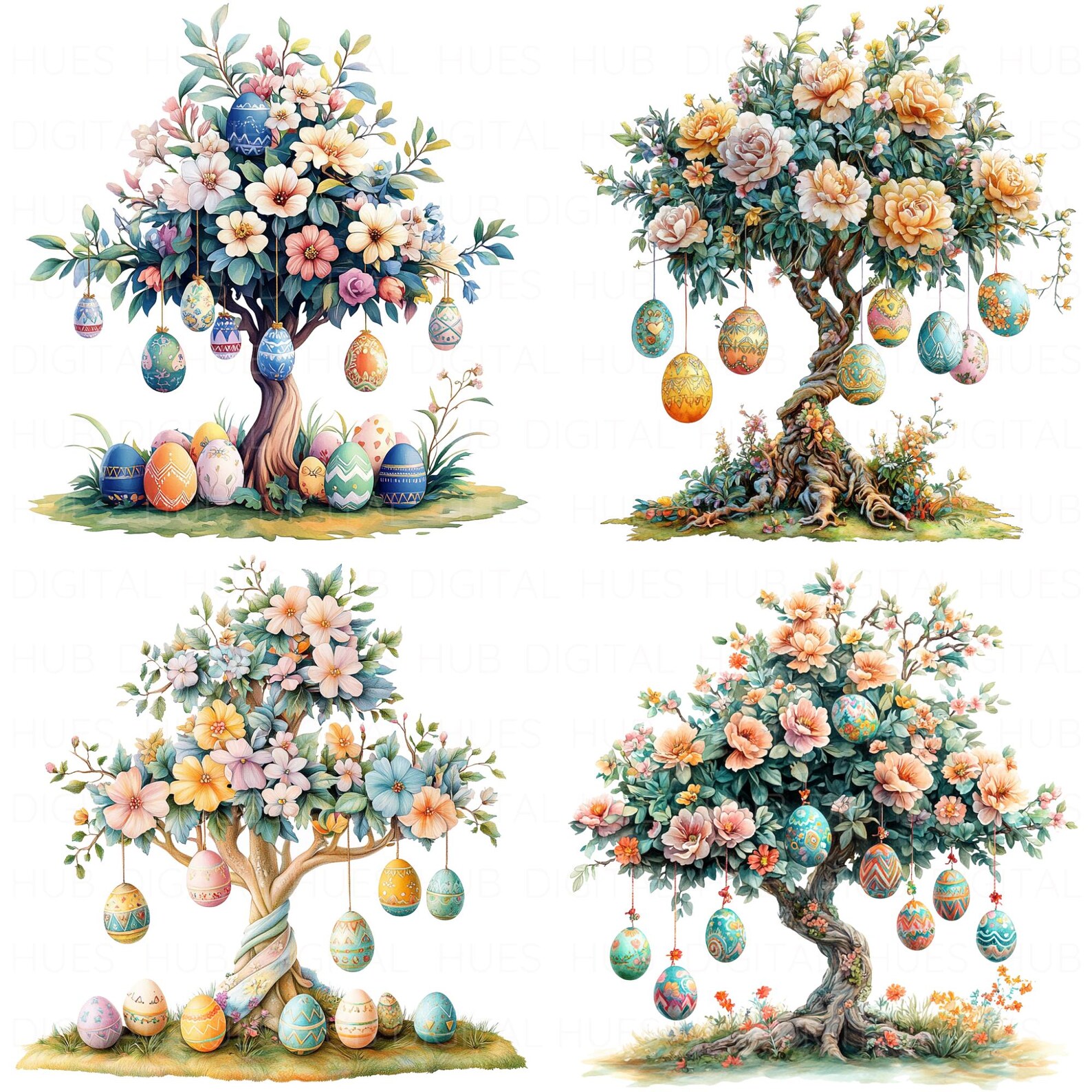 17 Easter Egg Treeclipart Watercolor Floral Spring Tree Printable High ...