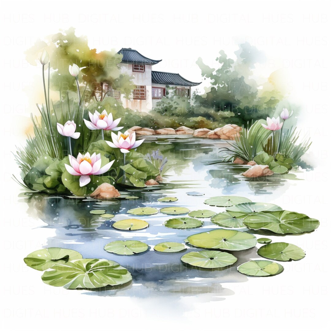 10 Backyard Pond Clipart Bundle Watercolor Garden Lotus Pond Clipart ...