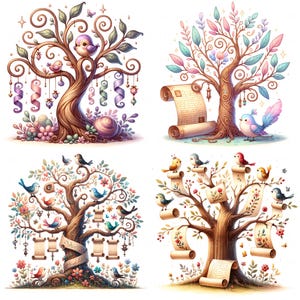 12 Whimsical Enchanted Tree Clipart With Birds and Scrolls Pastel ...