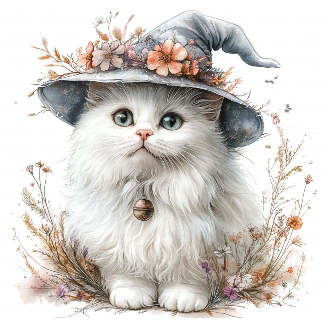 15 Halloween Cat Clipart Watercolor White Cat With Witch Hat Clipart ...