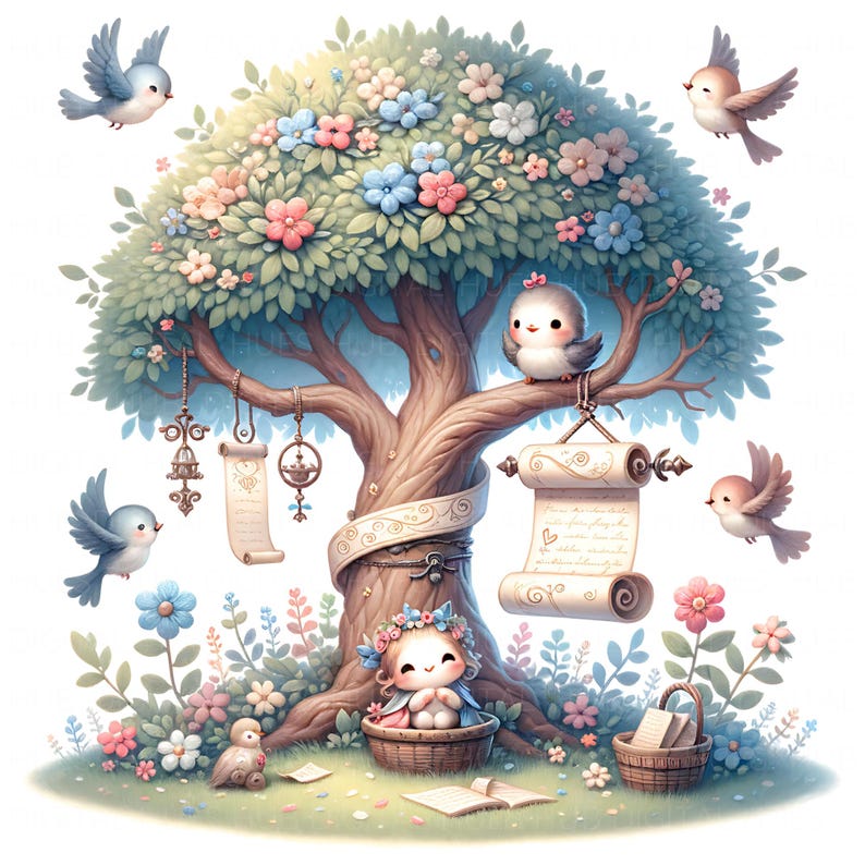 12 Whimsical Enchanted Tree Clipart With Birds and Scrolls Pastel ...