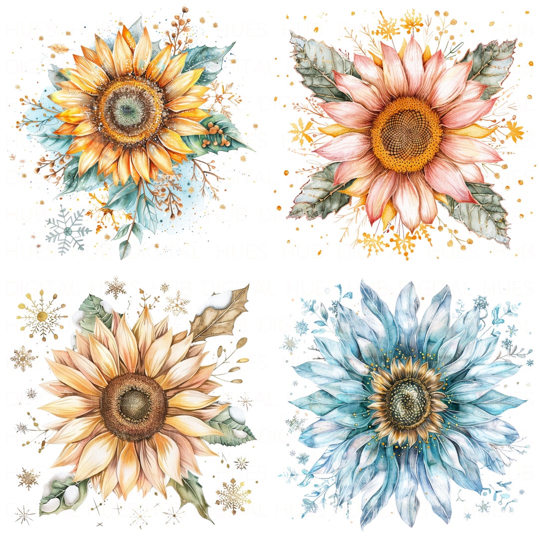 10 Winter Sunflower Clipart Bundle Watercolor Sunflower in Snow Clipart ...