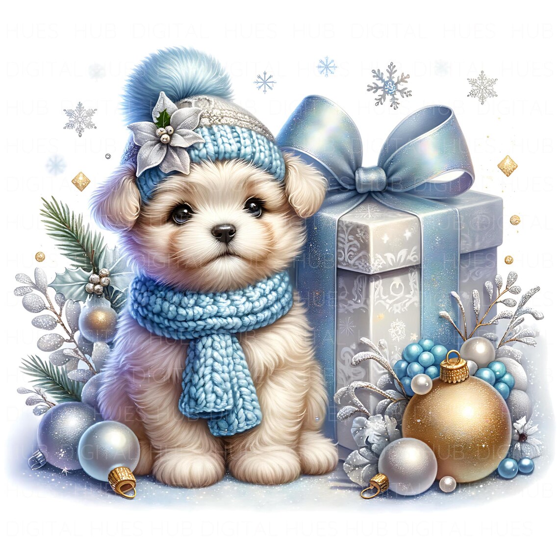 12 Blue Christmas Puppy Clipart: Watercolor Winter Animal Graphics JPEG ...