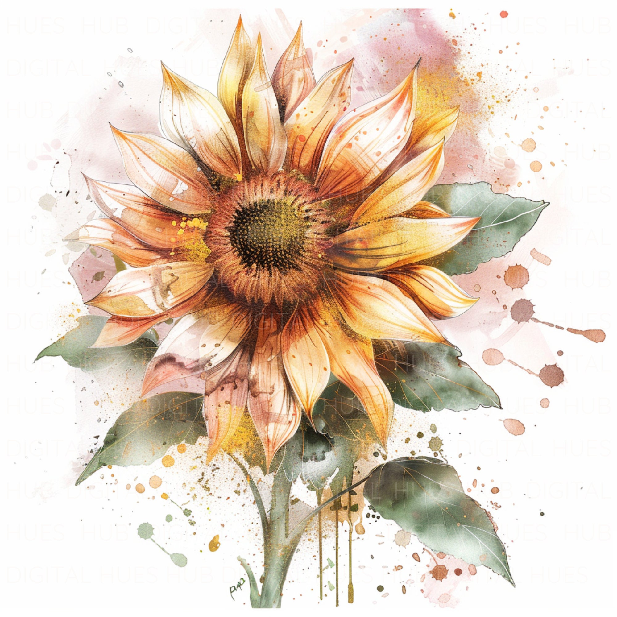 15 Glittering Sunflower Clipart Bundle Watercolor Clipart Printable ...
