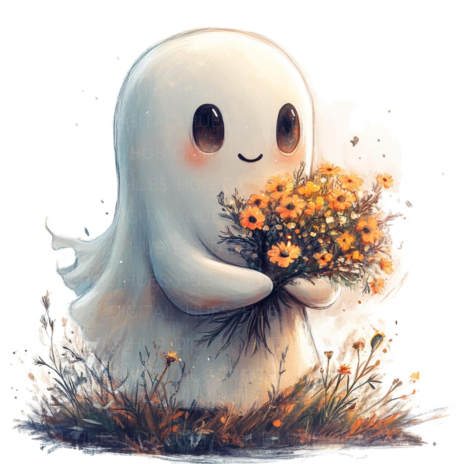 11 Cute Ghost With Flower Bouquet Clipart Watercolor Kawaii Ghost High ...