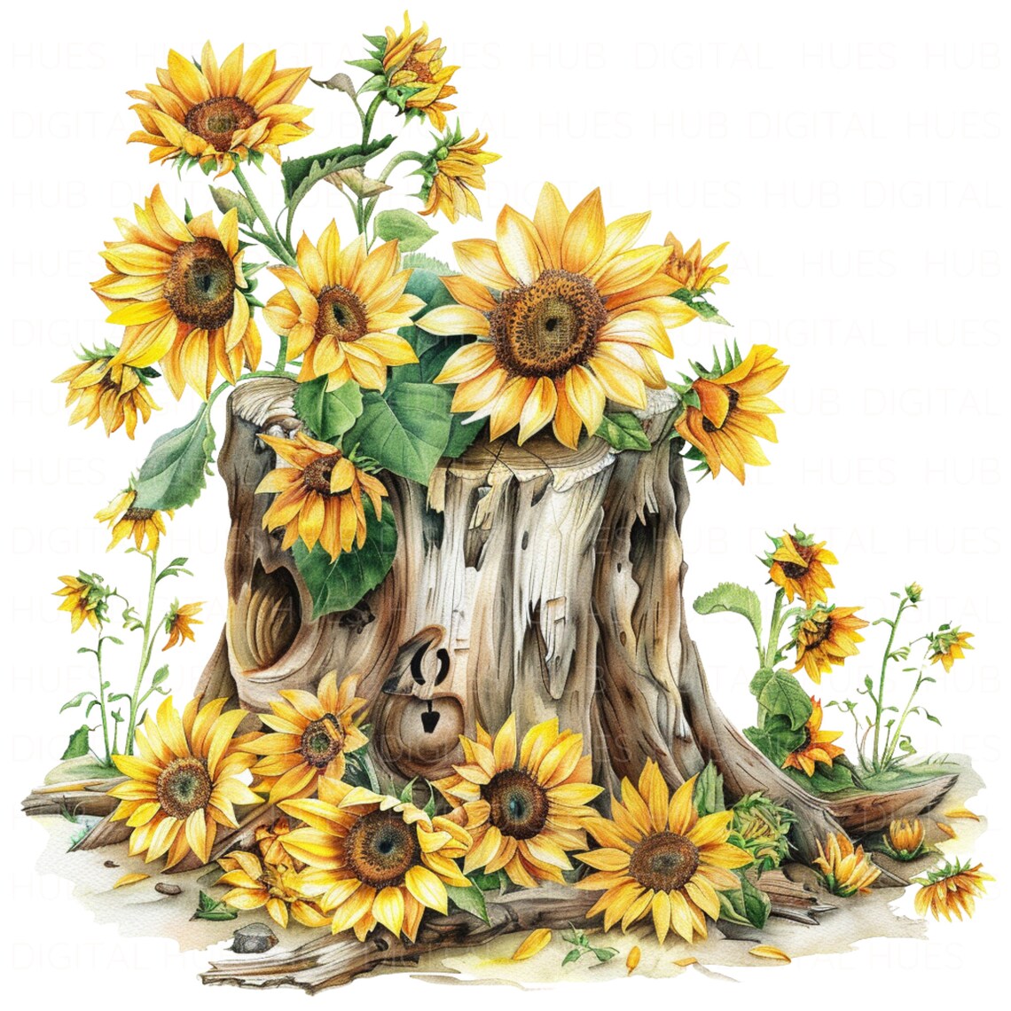 10 Floral Tree Stump Clipart Bundle Watercolor Sunflower Tree Trunk ...
